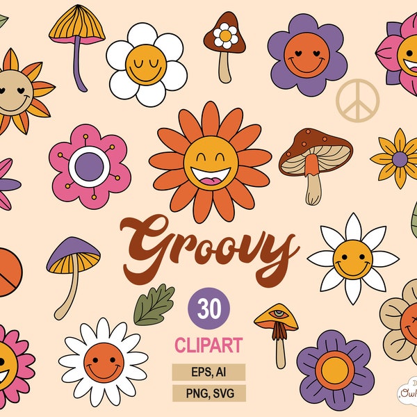 Retro Flowers Clipart, Hippie Flowers SVG, Groovy Mushrooms, Daisy ...