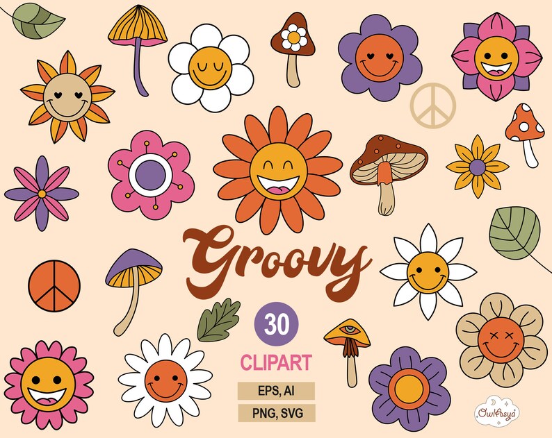 Retro Flowers Clipart, Hippie Flowers SVG, Groovy Mushrooms, Daisy ...