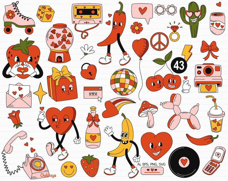 Retro Groovy Valentine Clipart, Hippie Love SVG, Heart Valentine's Day ...