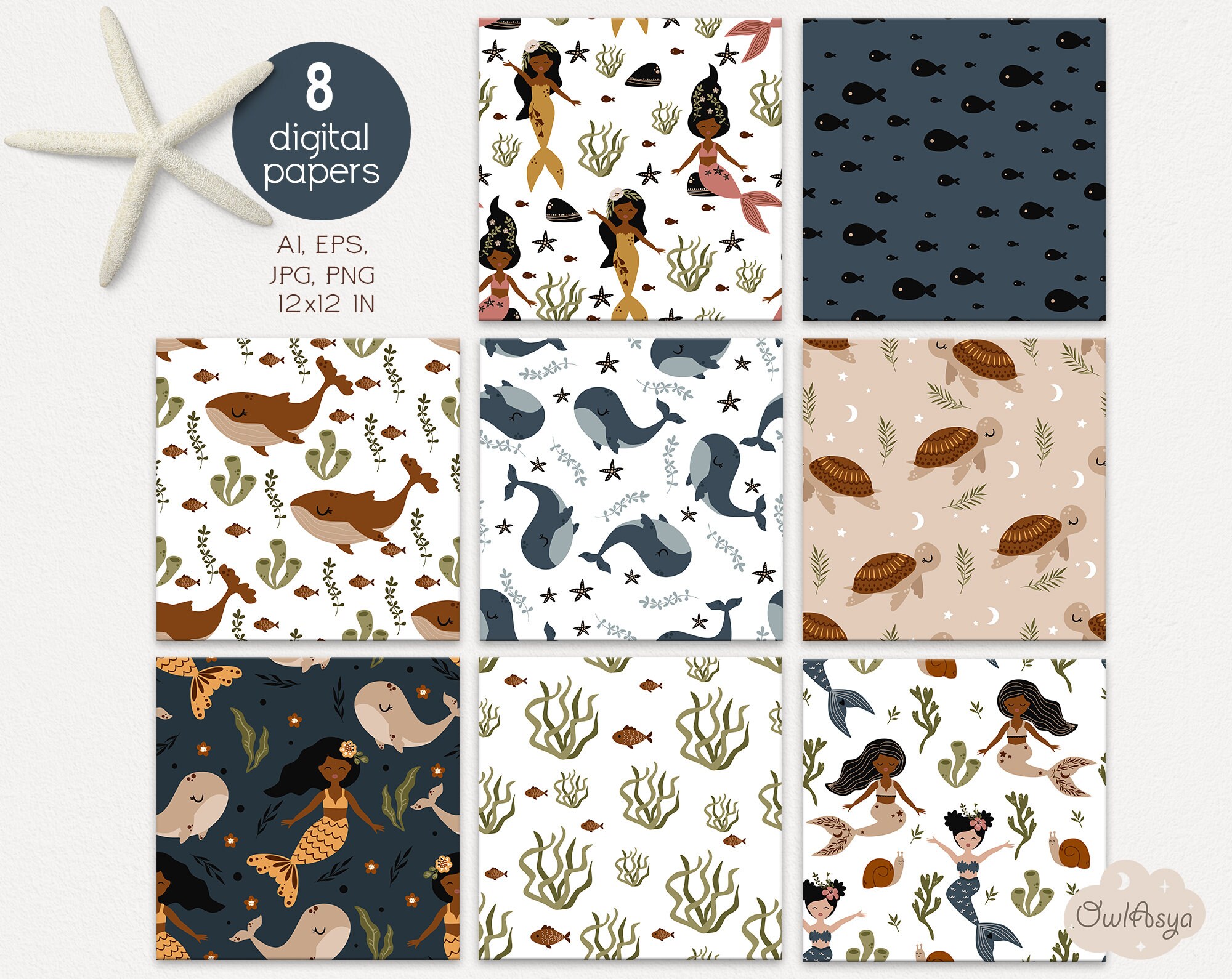 Boho Mermaid Digital Paper, Ocean Animals Pattern, Boho Sea Printable ...