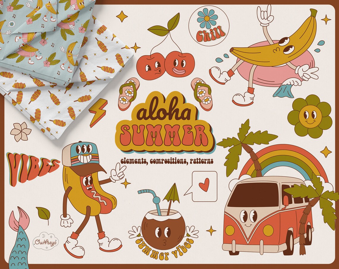 Retro Summer Clipart, Groovy Characters SVG, Hippie Elements, 70s, 80s ...
