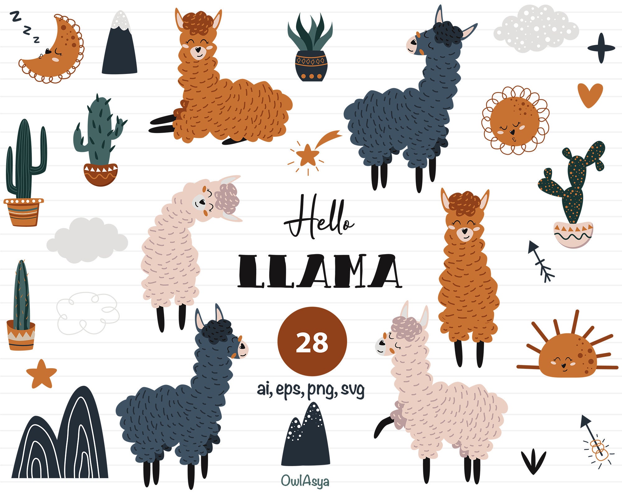 Llama SVG, Alpaca Clipart, Llama Vector Set, Animal PNG, Boho Llama ...
