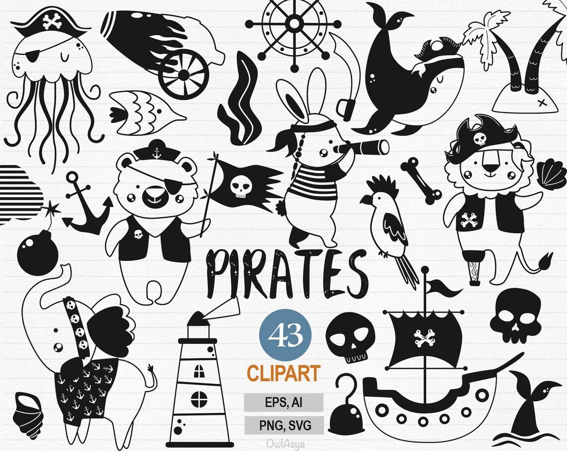 Black Pirate Animals SVG, Pirate Ship Clipart, Black Sea Life PNG ...