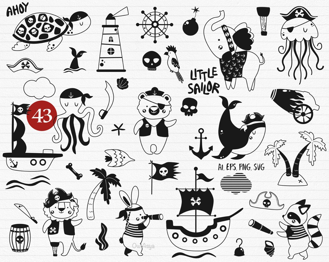 Black Pirate Animals SVG, Pirate Ship Clipart, Black Sea Life PNG ...