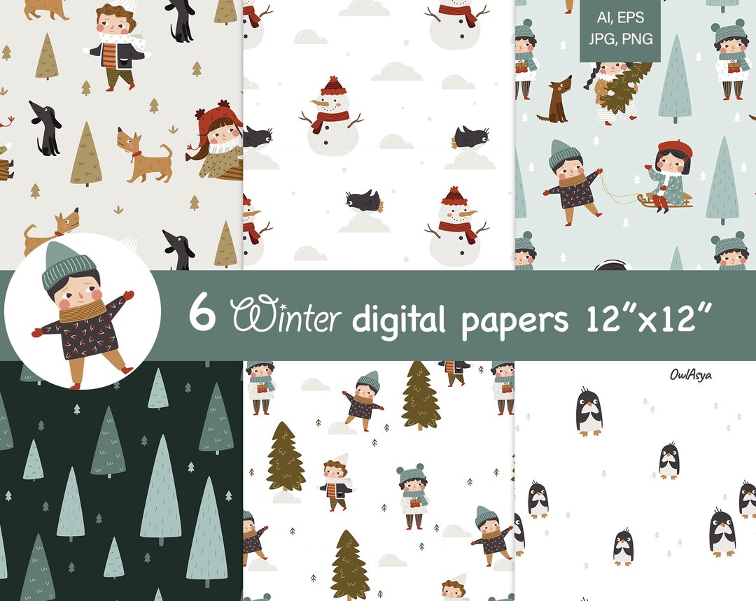 Winter Kids Digital Paper, Children Seamless Patterns, Christmas ...