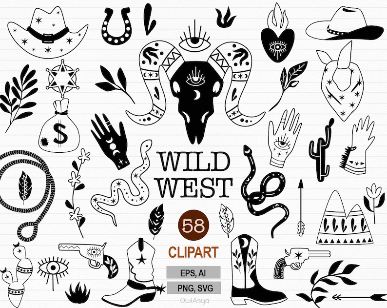 Wild West Clipart, Black Western SVG, Skull Bull Clipart, Boho Clipart ...