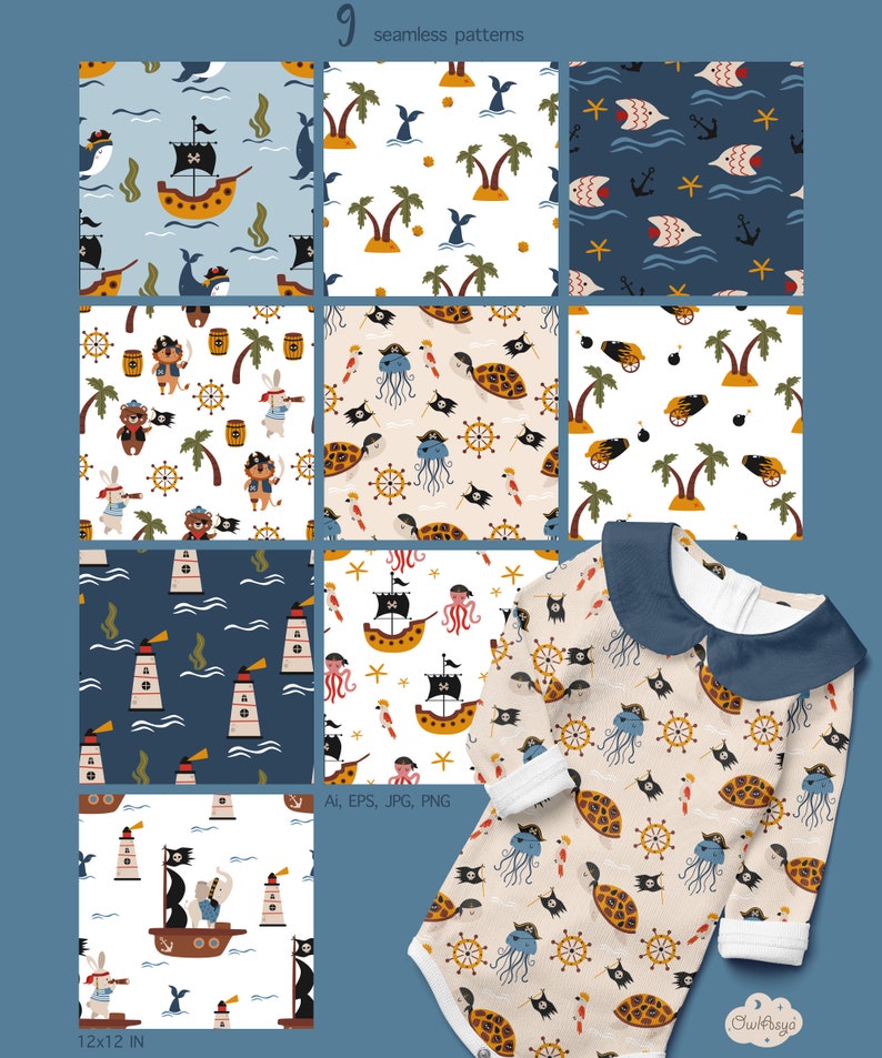 Pirate Animals Digital Paper, Pirate Seamless Pattern, Sea Life ...