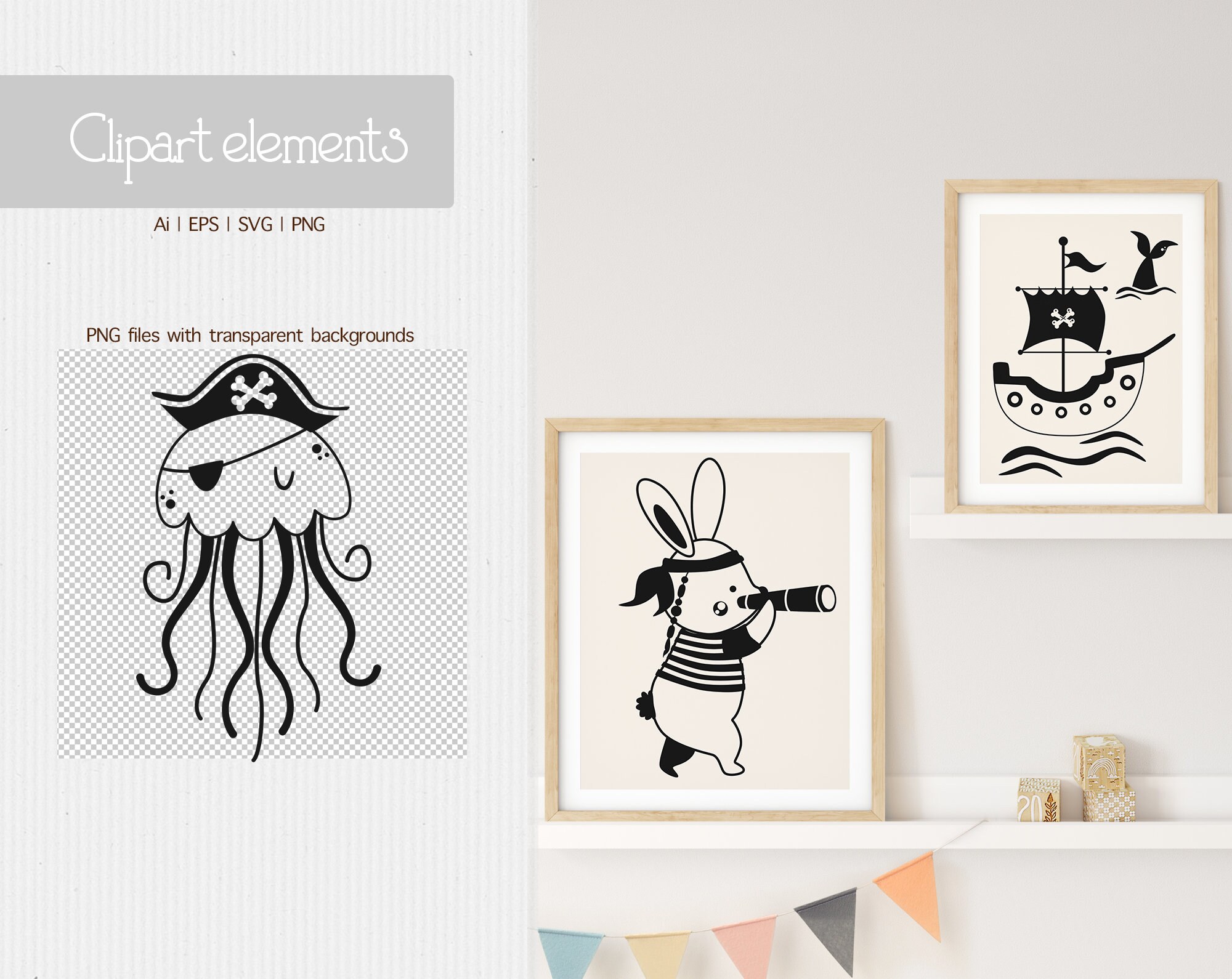 Black Pirate Animals SVG, Pirate Ship Clipart, Black Sea Life PNG ...
