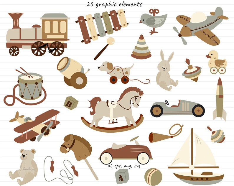 Vintage Nursery Toys Clipart, Toys Vector SVG, Vintage Plush Animals ...