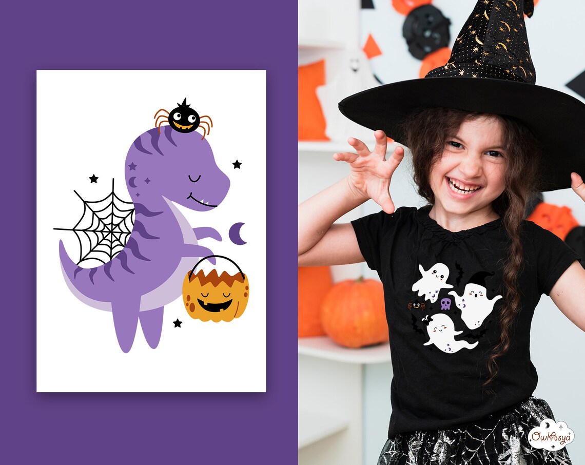 Dino Halloween Clipart, Cute Ghost SVG, Halloween Paper, Dinosaur PNG ...