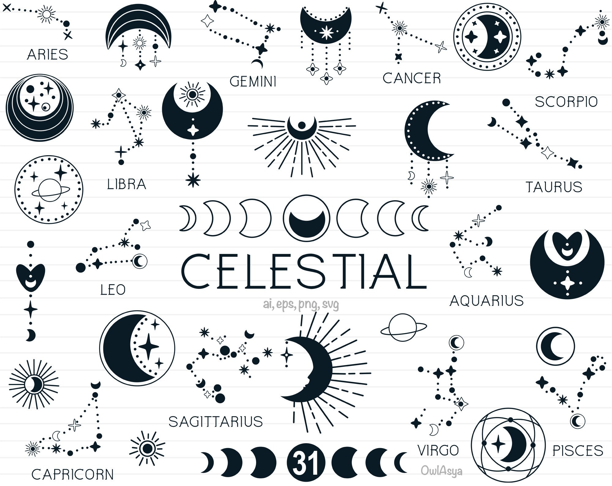 Celestial Clipart, Moon SVG, Zodiac Constellation SVG, Bohemian Moon ...