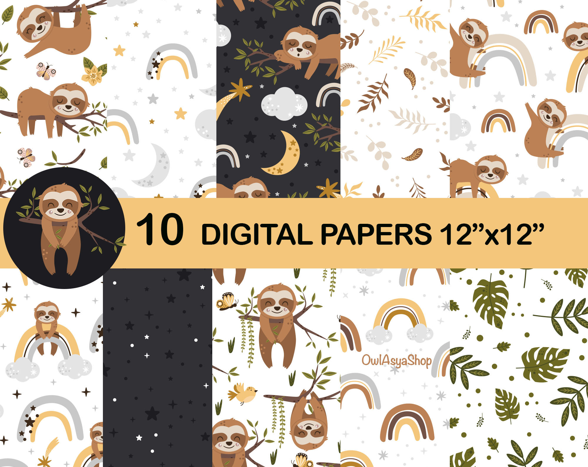 Sloth Digital Paper, Sloth Seamless Patterns, Rainbow Paper, Animal ...