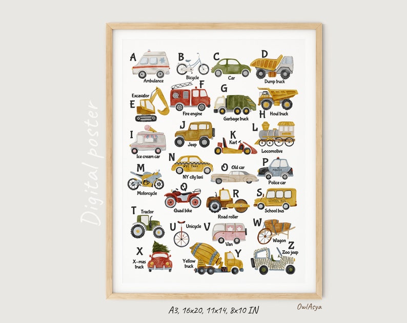 Transport Alphabet Posters, Vehicles ABC Print, Classroom Print, Kids ...