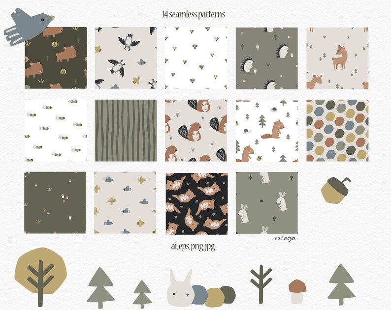 Forest Animals Digital Papers, Animals Seamless Patterns, Woodland ...