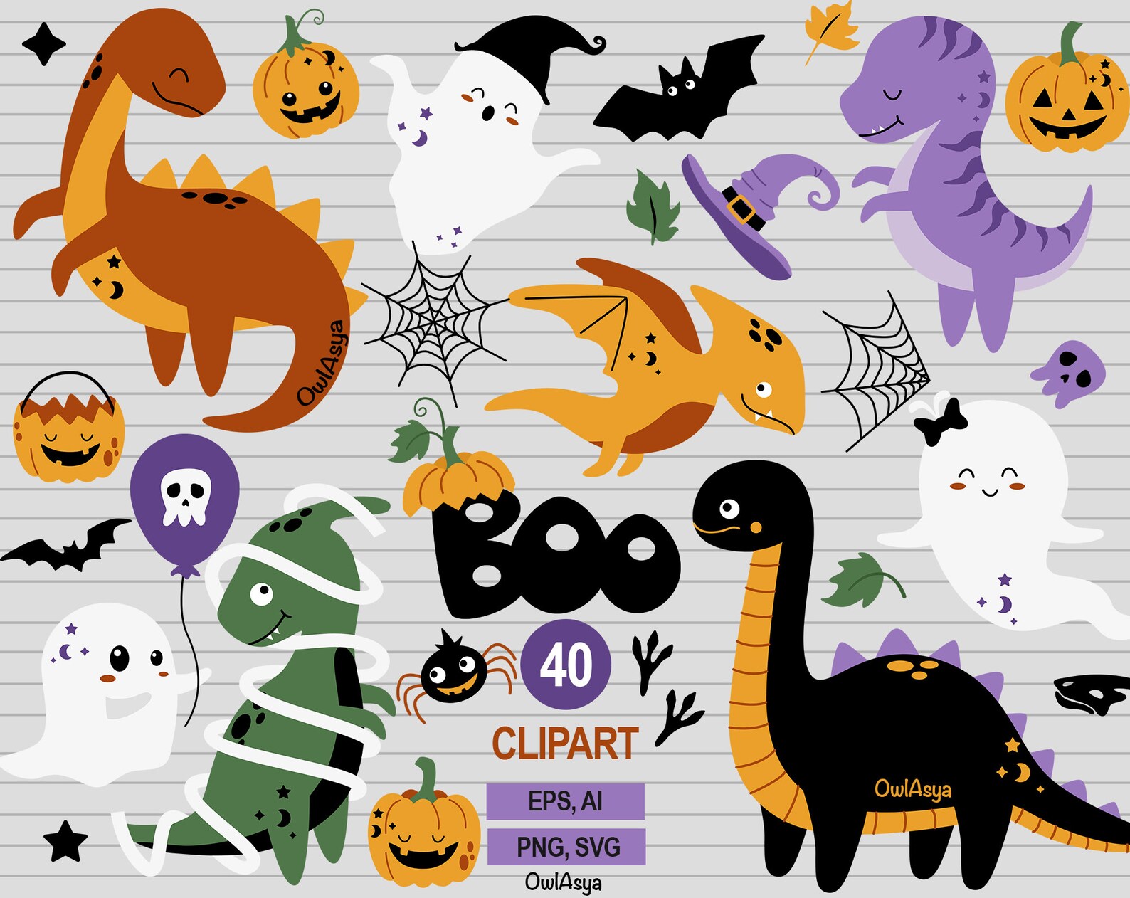 Dino Halloween Clipart, Cute Ghost SVG, Halloween Dinosaur PNG, Vector ...