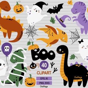 Dino Halloween Clipart, Cute Ghost SVG, Halloween Dinosaur PNG, Vector ...