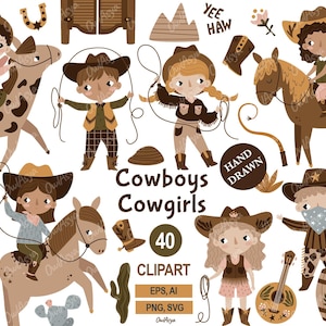 Hand Drawn Cowboy Cowgirl Vector Clipart, Wild West SVG, Western Kids ...