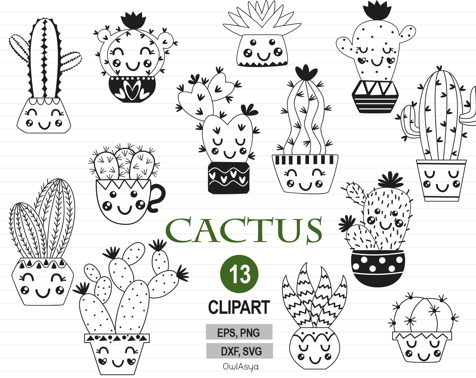 Cactus SVG, Line Art, Cactus Clipart, Succulent SVG, Kawaii Cactus ...