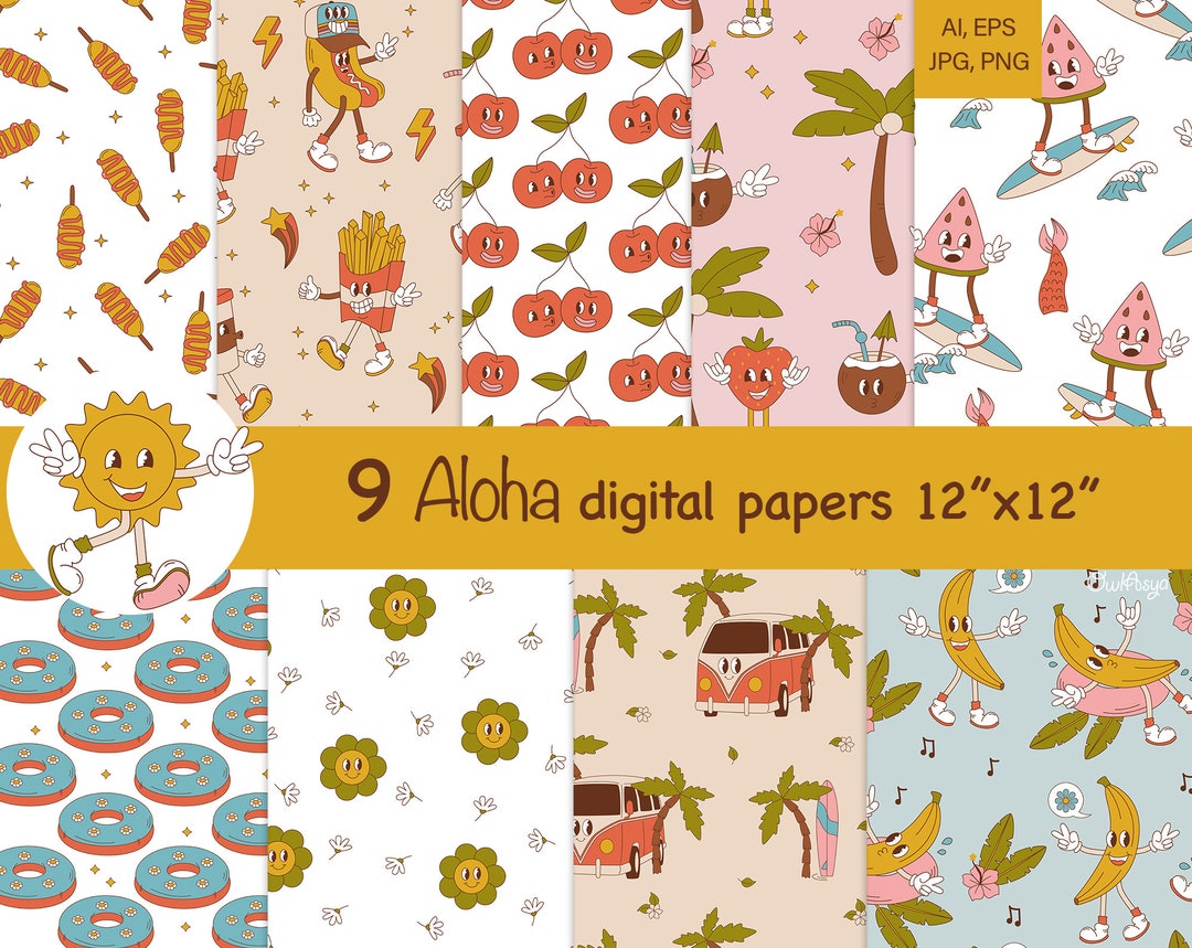 Groovy Digital Paper, Commercial Use, Retro Summer Seamless Patterns ...