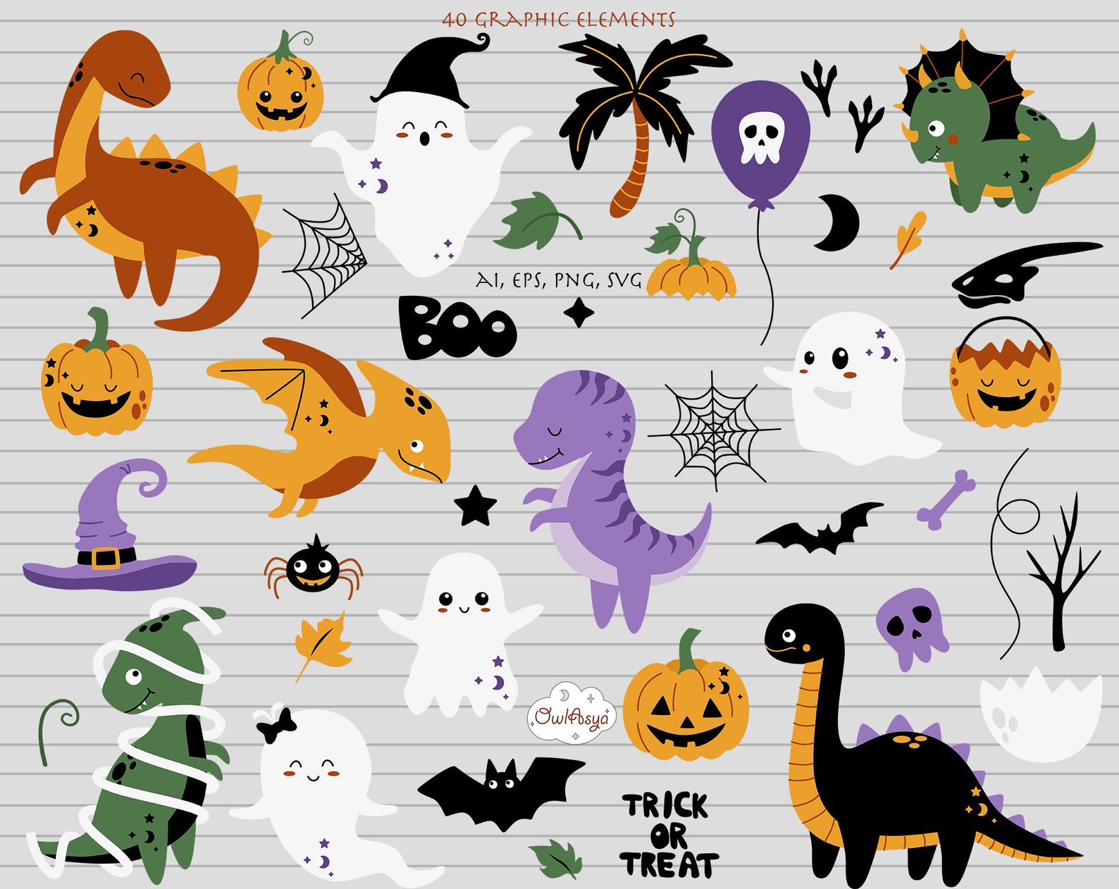 Dino Halloween Clipart, Cute Ghost SVG, Halloween Dinosaur PNG, Vector ...