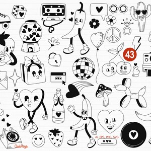 Black Retro Groovy Valentine Clipart, Hippie Love SVG, Line Heart ...