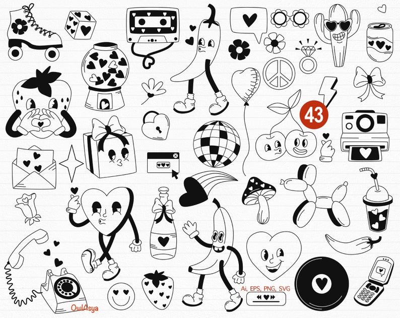 Black Retro Groovy Valentine Clipart, Hippie Love SVG, Line Heart ...