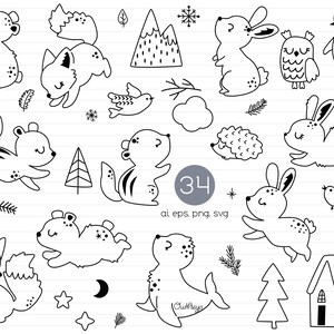 Winter Animals Clipart, Black Line Animals SVG, Vector Doodle, Forest ...