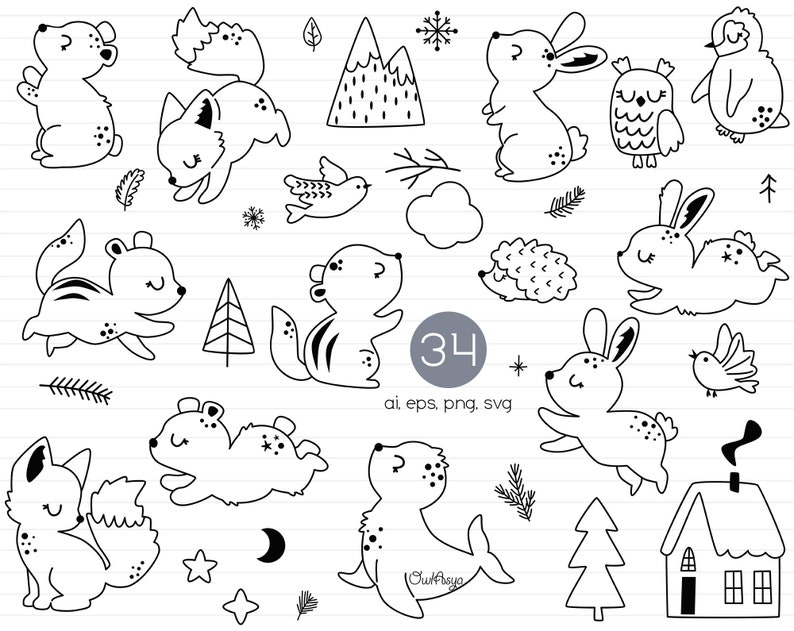 Winter Animals Clipart, Black Line Animals SVG, Vector Doodle, Forest ...