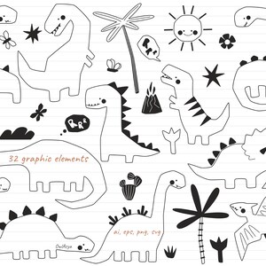 Hand Drawn Dinosaurs Line Clipart, Black Outline Dino Animals SVG ...