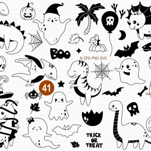 Dino Halloween Black Clipart, Cute Black Ghost SVG, Halloween Dinosaur ...