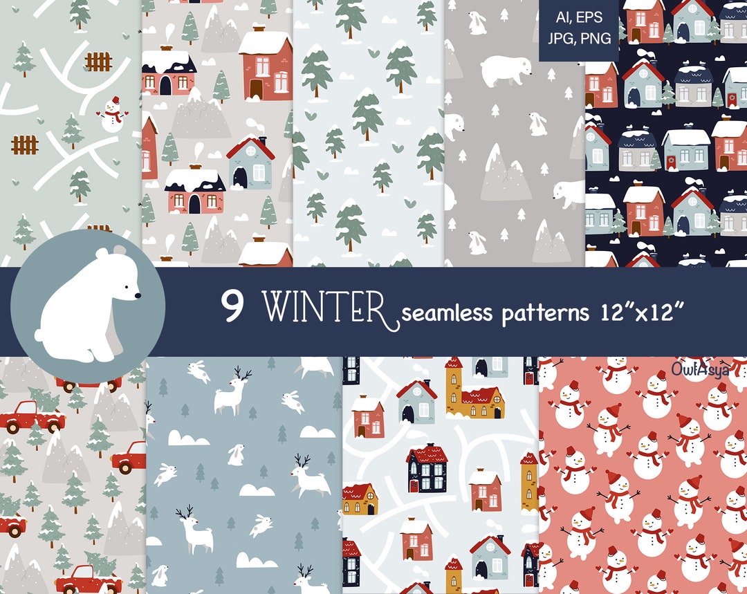 Winter Houses Paper, Winter Animals Pattern, Woodland Printable, City Scrapbook, Winter ...