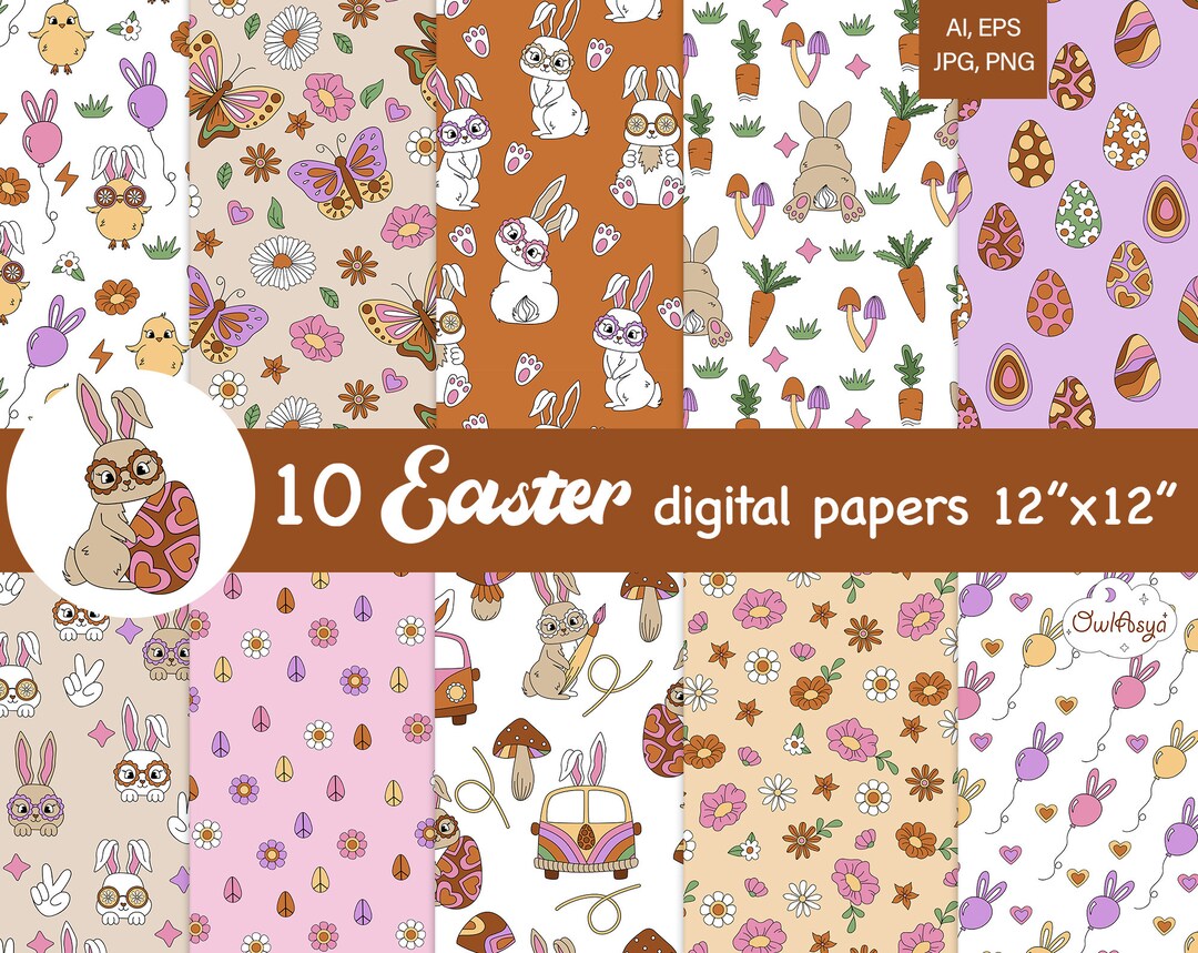 Retro Easter Digital Paper, Groovy Easter Seamless Pattern, Spring ...