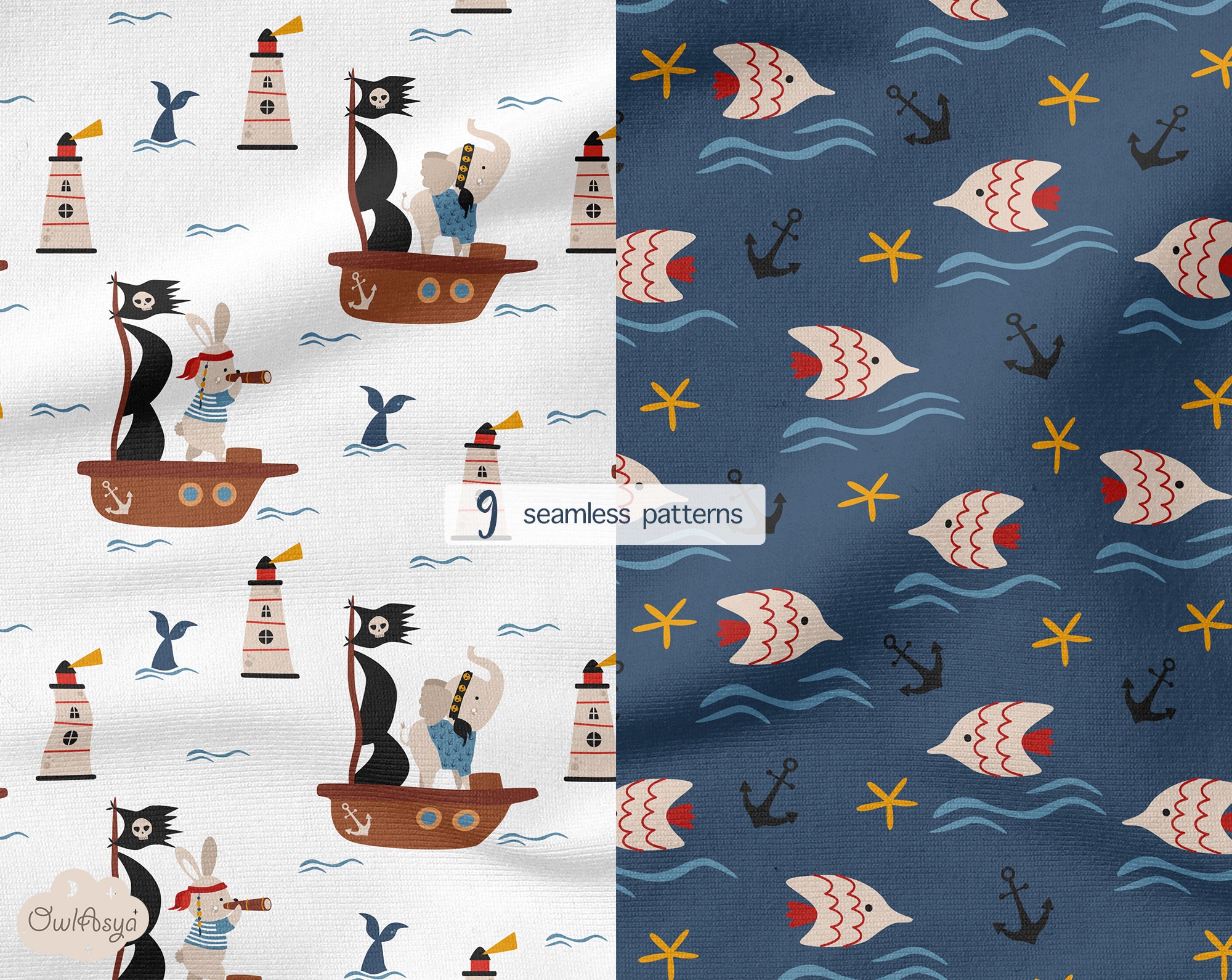 Pirate Animals Digital Paper, Pirate Seamless Pattern, Sea Life ...