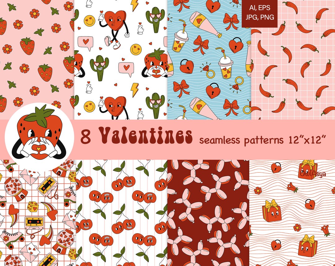 Retro Groovy Valentine Digital Paper, Hippie Love Pattern, Heart ...