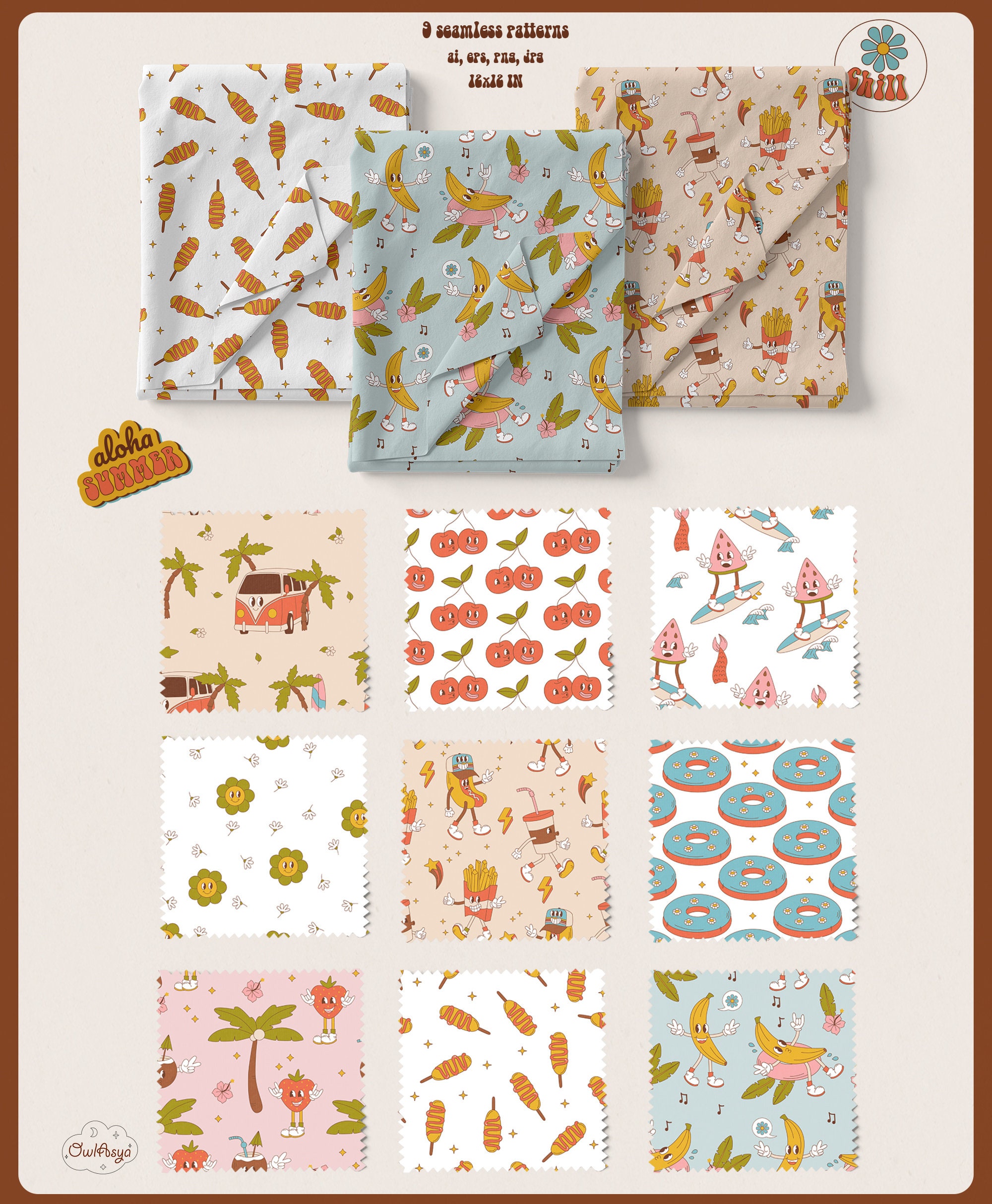 Groovy Digital Paper, Commercial Use, Retro Summer Seamless Patterns ...