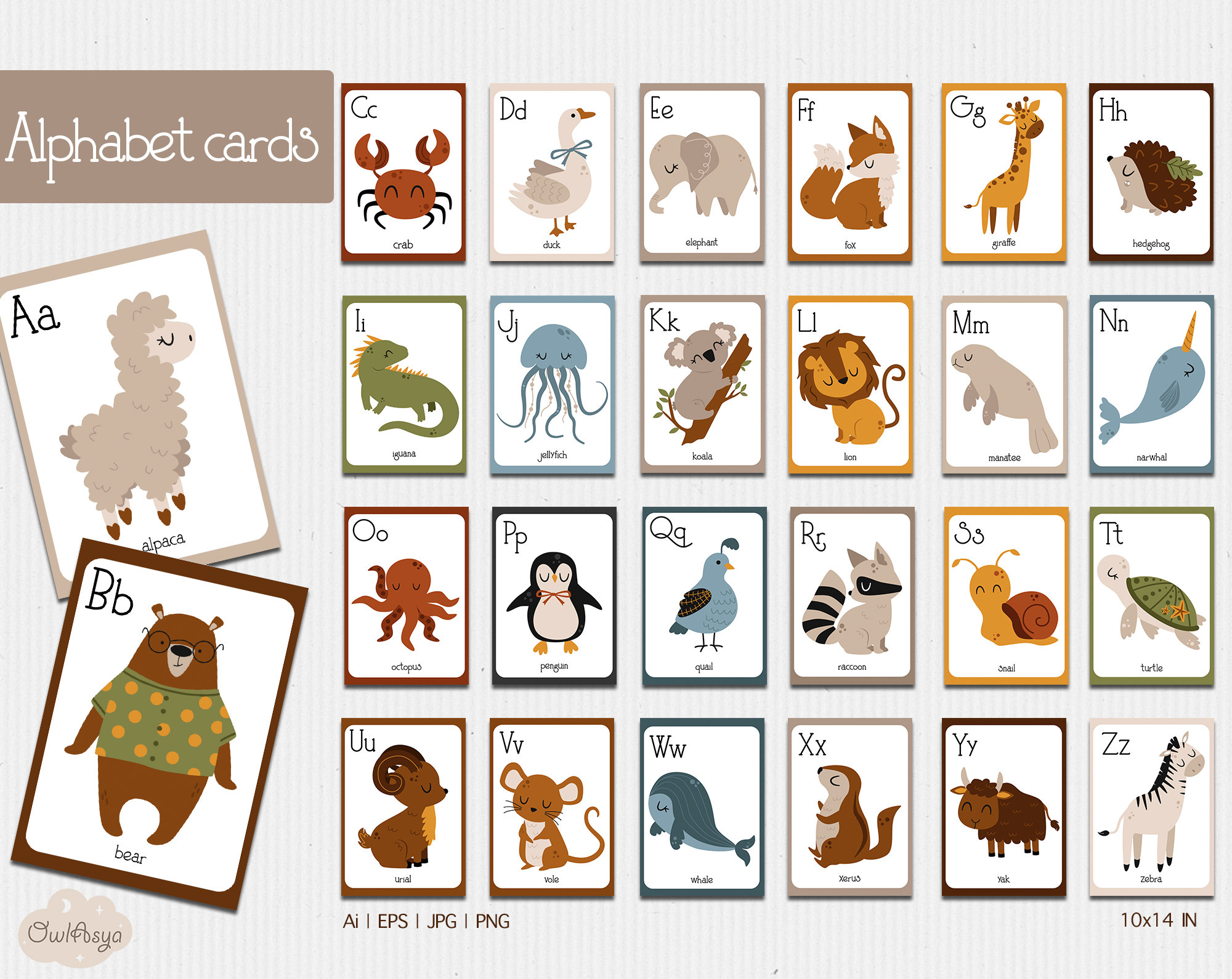 Printable Alphabet Animals Cards, Digital Cards, Animals PNG, Alphabet ...