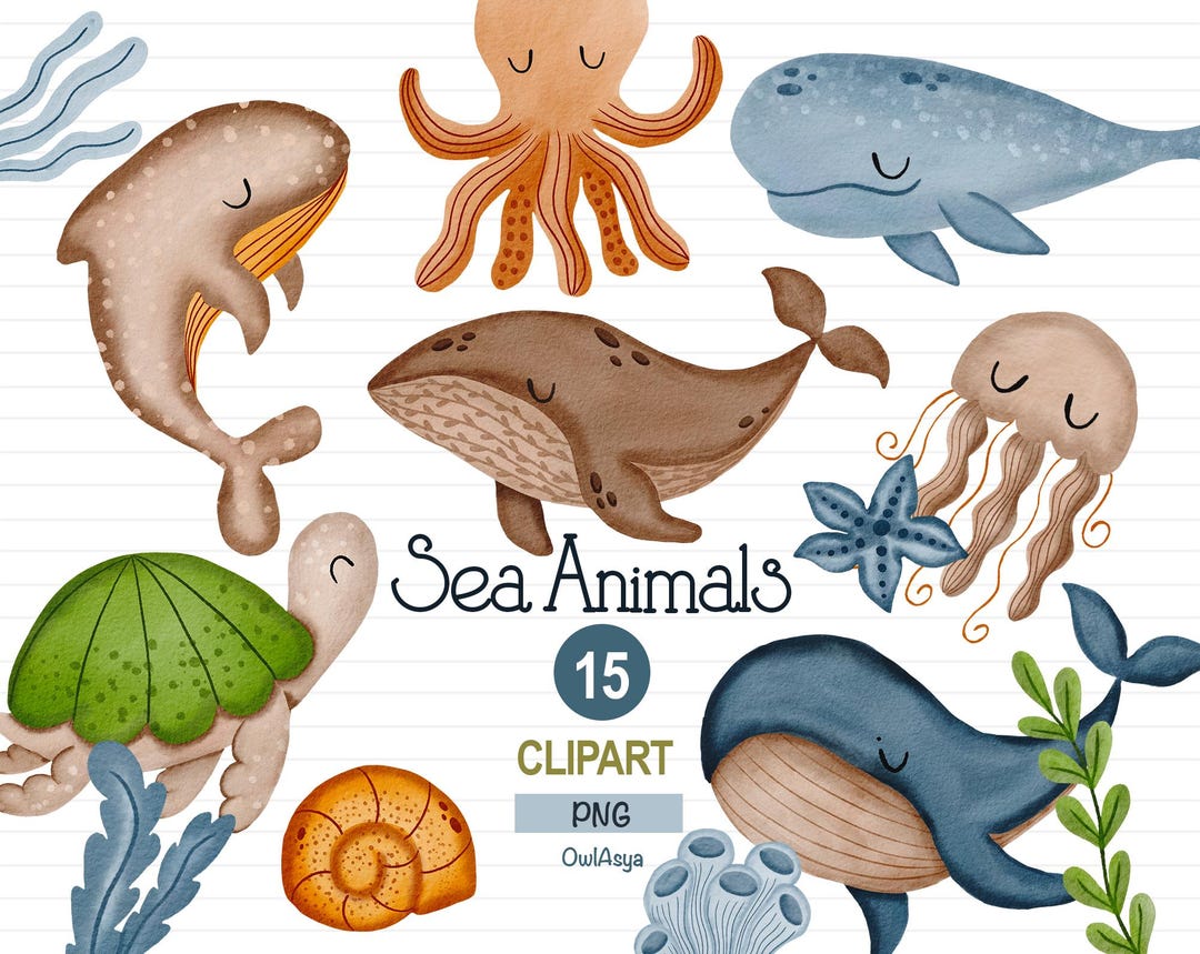 Sea Watercolor Animals Clipart, Undersea Animals, Ocean Clipart, Sea ...