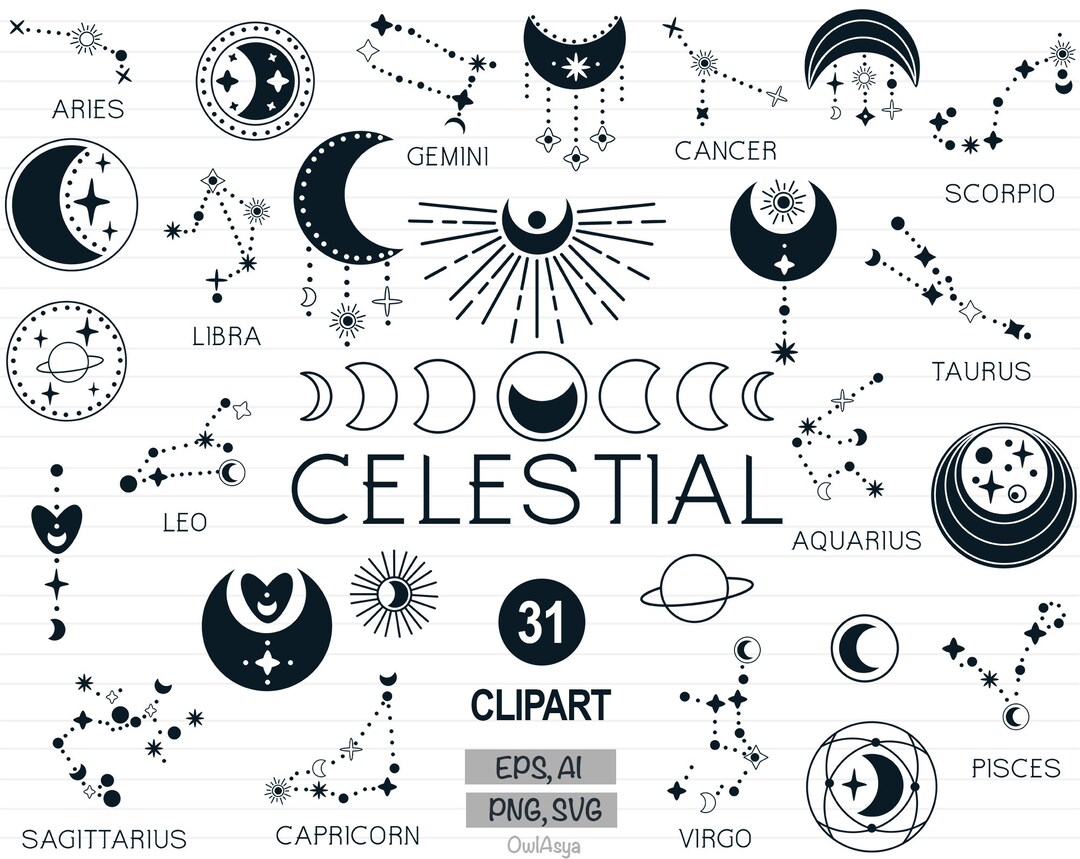 Celestial Clipart, Moon SVG, Zodiac Constellation SVG, Bohemian Moon ...