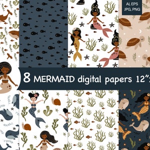 Boho Mermaid Digital Paper, Ocean Animals Pattern, Boho Sea Printable ...