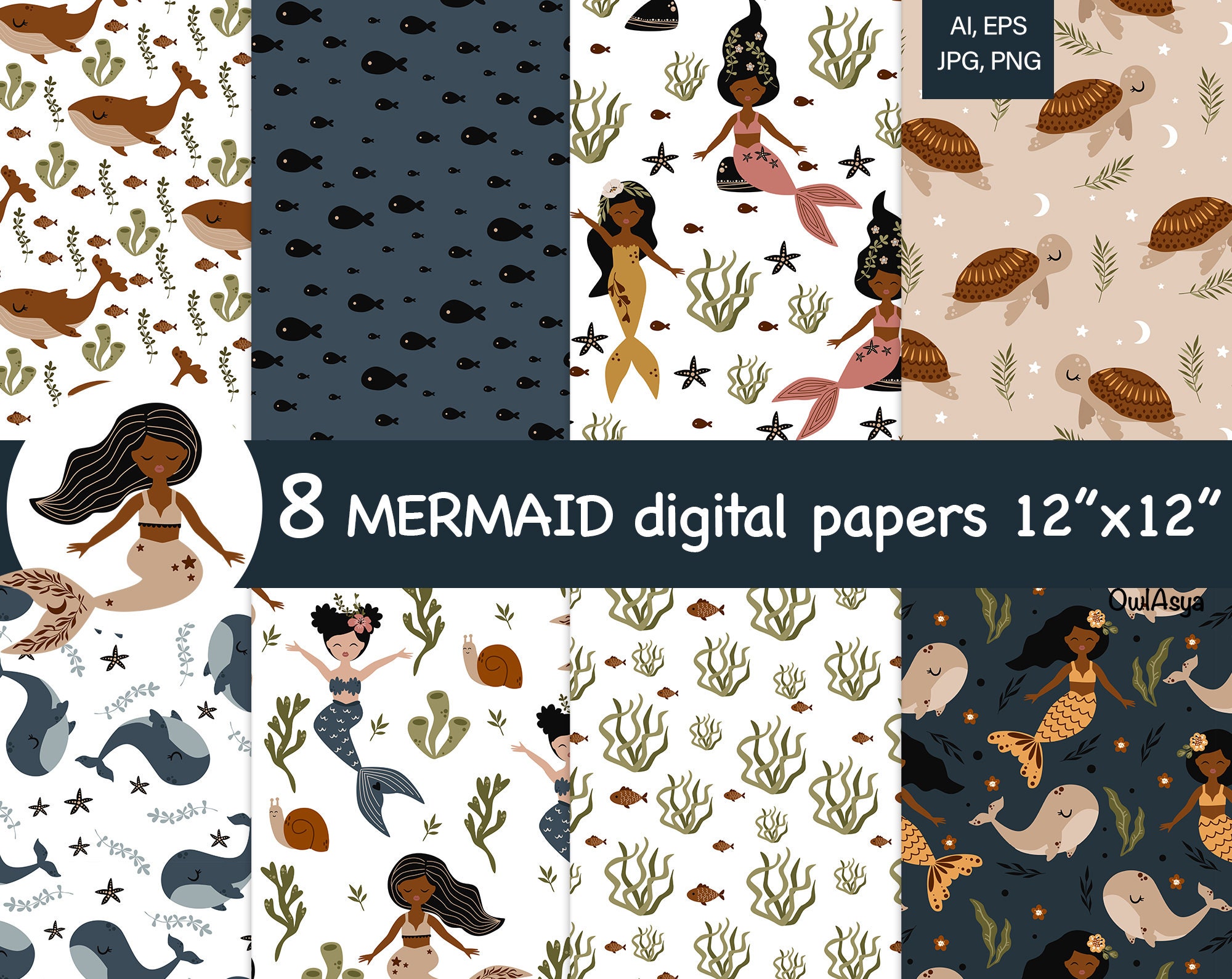 Boho Mermaid Digital Paper, Ocean Animals Pattern, Boho Sea Printable ...