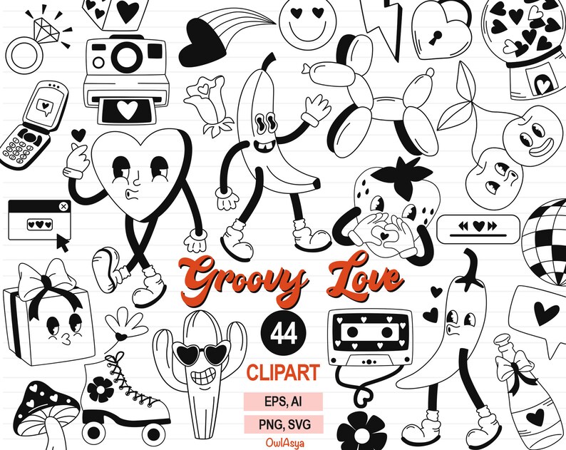 Black Retro Groovy Valentine Clipart, Hippie Love SVG, Line Heart ...
