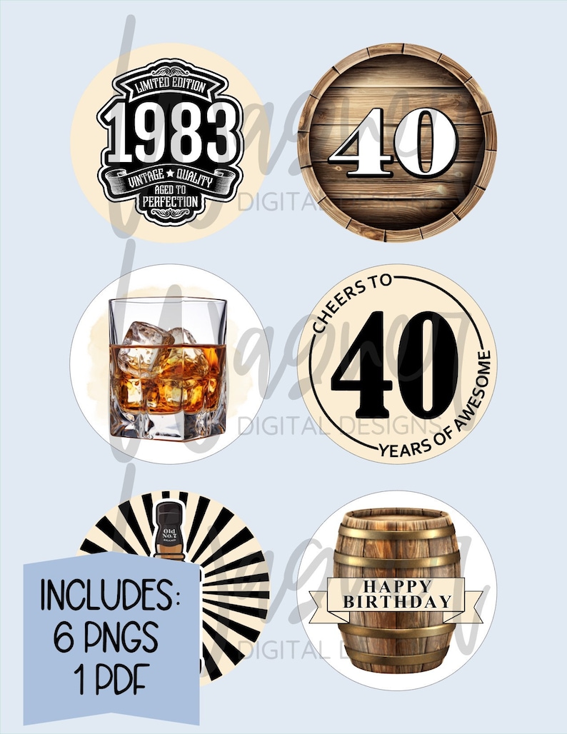 Vintage Birthday Cupcake Toppers 40th Cheers Years Whiskey Jack Eddie