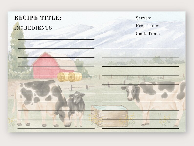 Farmhouse Watercolor Recipe Cards - Double-sided, 4x6 (25 Pcs) - Etsy