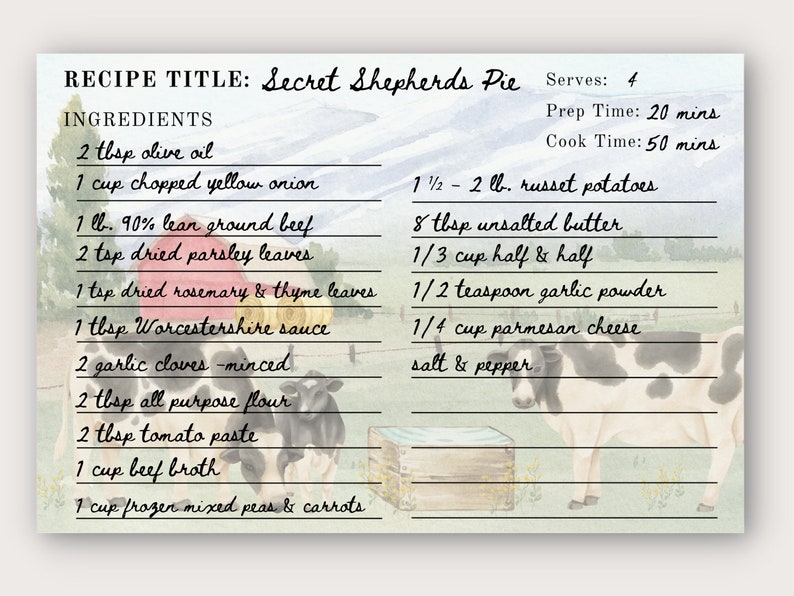 Farmhouse Watercolor Recipe Cards - Double-sided, 4x6 (25 Pcs) - Etsy