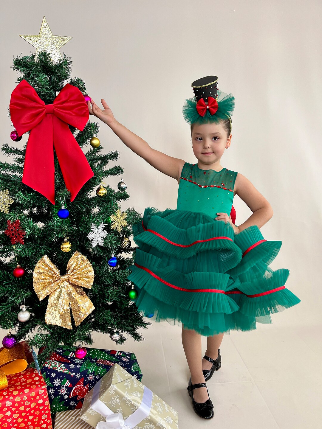 Green Christmas Dress for Toddler With Hat, Christmas Flower Girl Dress ...