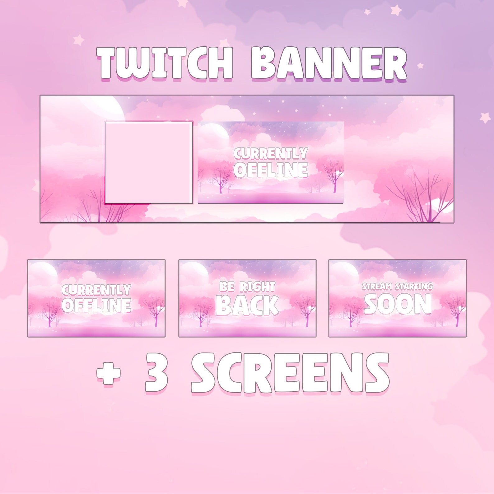 Pink Blossom Sky Twitch Banner & X3 BRB Screen, Offline Screen and ...