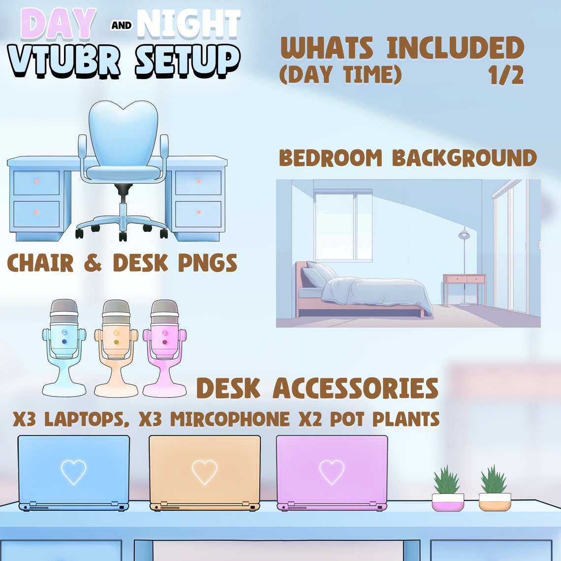 Cozy Bedroom Vtuber Setup Assets, Vtuber Desk Chair, Vtuber Accessories & Backgrounds, Blue ...