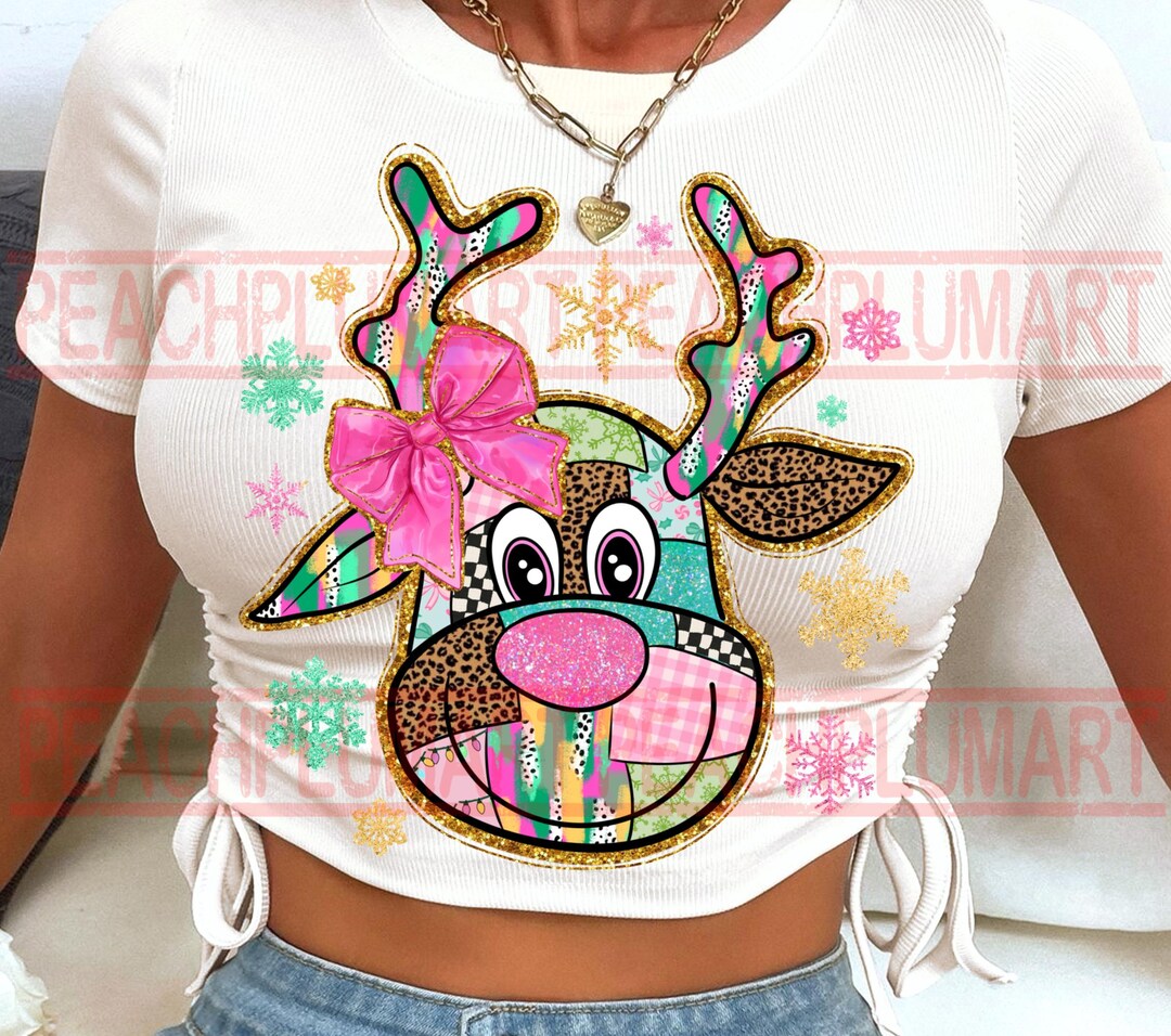 Glitter Coquette Patchwork Christmas Reindeer Png, Pink Christmas Girl ...