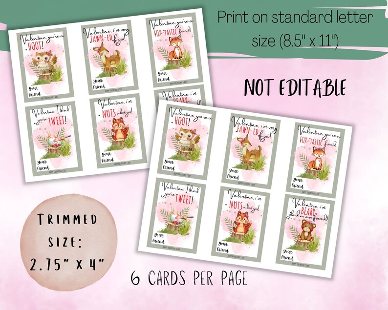 Printable Valentine Cards, Printable Valentine Cards for Kids, Woodland ...