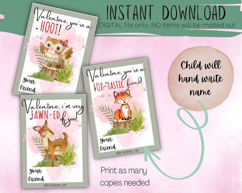 Printable Valentine Cards, Printable Valentine Cards for Kids, Woodland ...